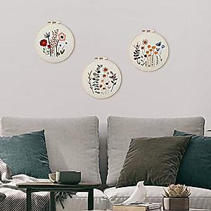 Uphome 3 Pack Embroidery Starter Kit for Beginners Stamped Cross Stitch Kits with Cute Flowers and Plants Patterns with 1 Embroidery Hoop and Color Threads for Adults Kids