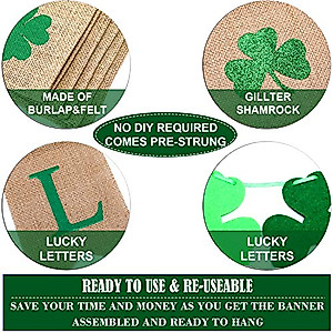 4 Pieces Burlap Lucky Banner Glitter Shamrock Banner Rustic Four Leaf Clover Banner Felt Shamrock Hanging Garland for St. Patrick's Day Decoration