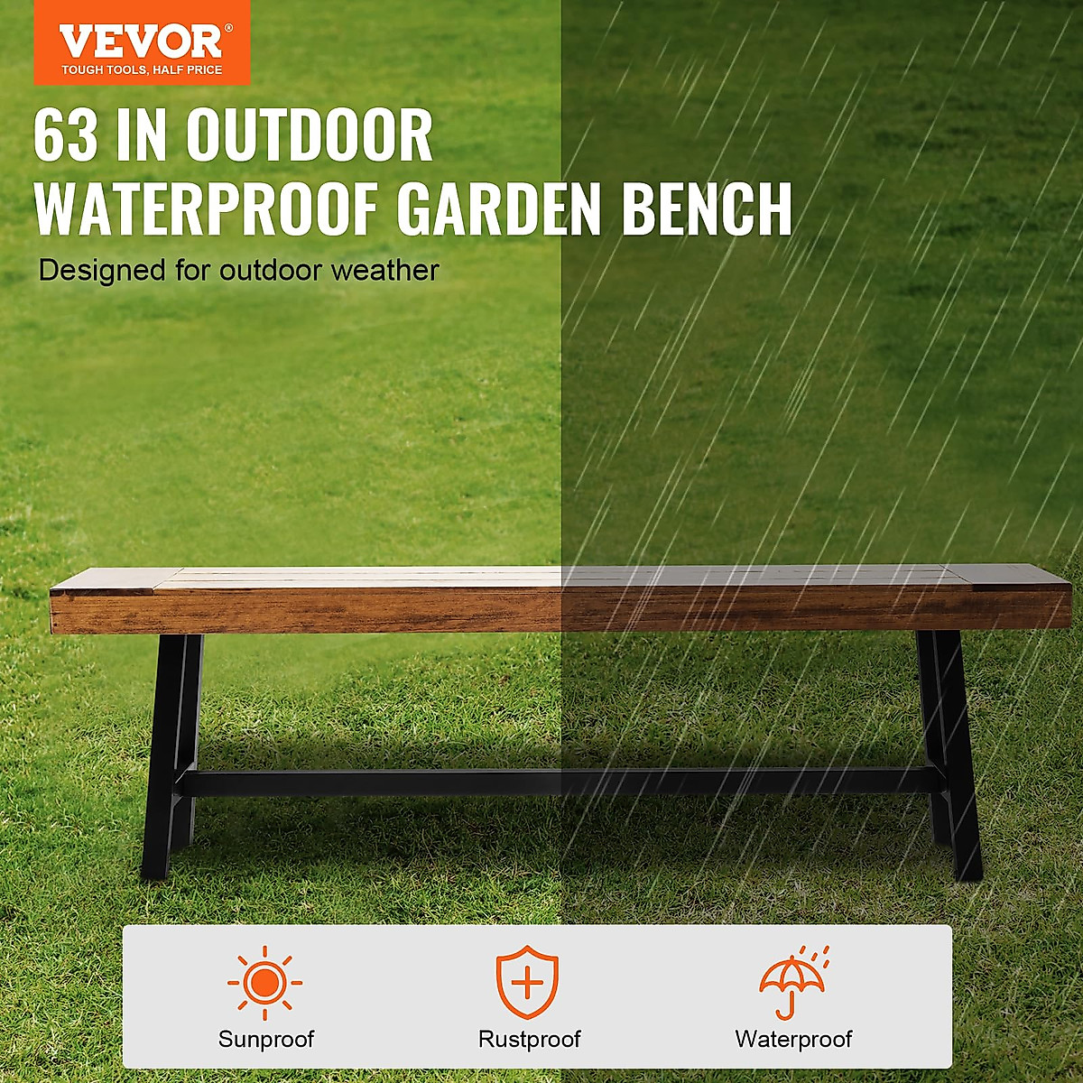 VEVOR Wood Outdoor Bench, 3-Person Garden Bench, 500 lbs Load Capacity,Weatherproof Never Rot Patio Bench for Garden, Park, Yard, Front Porch-63