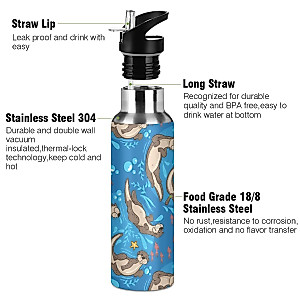 Glaphy Cute Sea Otters Pattern Water Bottle with Straw Lid, BPA-Free, 20 oz Water Bottles Insulated Stainless Steel, for School, Office, Gym, Sports, Travel