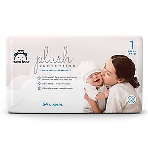 Amazon Brand - Mama Bear Plush Protection Diapers, Hypoallergenic, Size 1, 54 Count, White and Cloud Dreams