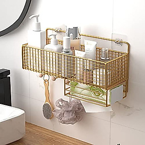 Shower Caddy Shelf with Hooks and Paper Rack Punch-free Bathroom Storage Rack Organizer No Drilling Wall Mounted Stainless Steel Shower Basket Storage Shelf (Golden)