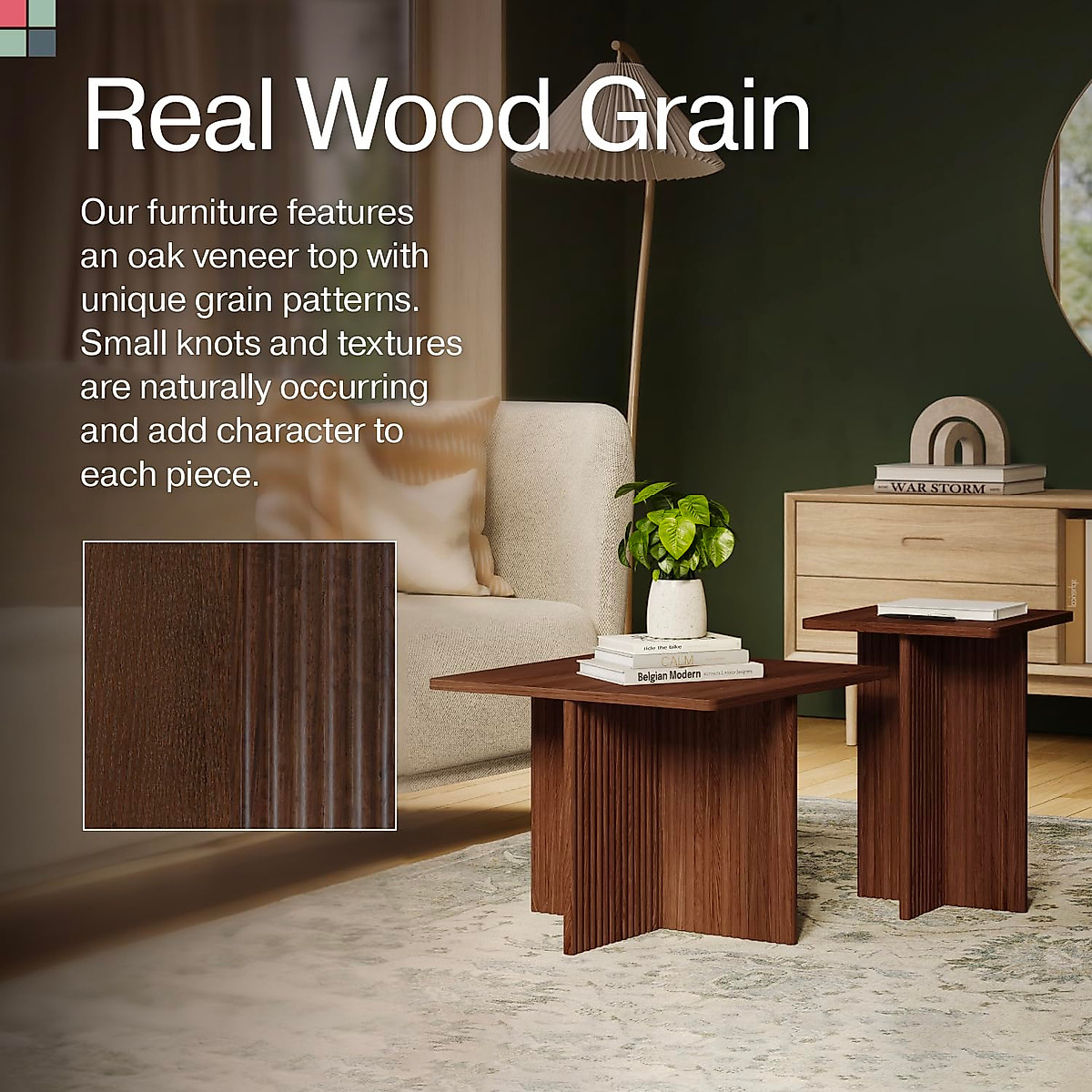 Square Fluted Nesting Coffee Table - Low Profile 2 Piece Square Coffee Table Set - Living Room Furniture - Modern Home Decor - Solid Oak Base (Walnut)