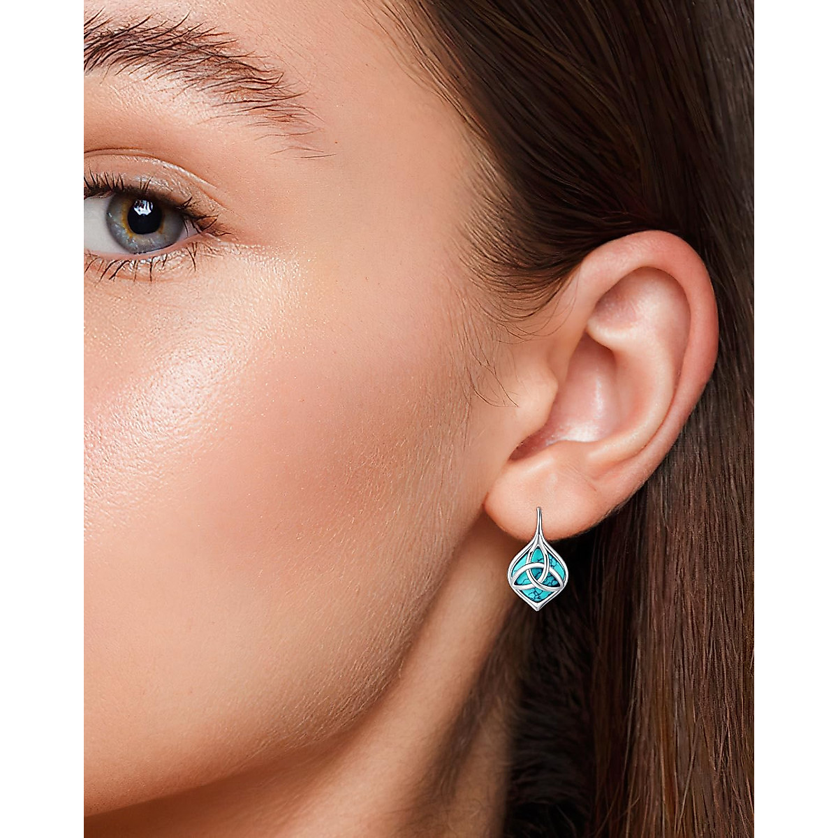 BDL Celtic Knot Genuine Turquoise Leverback Earrings Sterling Silver Dangle Drop Jewelry for Women