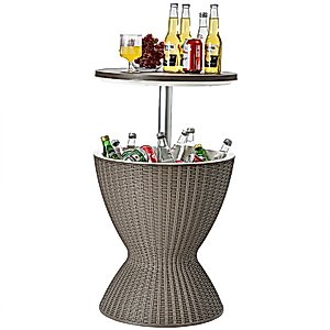 Giantex Cool Bar Table, 8 Gallon Beer and Wine Cooler, Rattan Style Patio Bar Tables, Height Adjustable, 3-in-1 Ice Cooler with Drainage Plug, Outdoor Cocktail Table for Deck Pool Party (Coffee)