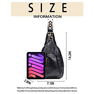 Ocahuel Women Sling Bags Crossbody Chest Bag Purse Leather Wide Guitar Strap Satchel Daypack Retro Shoulder Backpack Travel Hiking Black