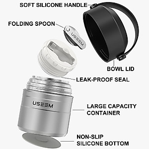 USEEM 17 Ounce Vacuum Insulated Food Jar, 316L Stainless Steel Leak Proof Soup Thermal, Cold Hot Food Container with Folding Spoon, Bowl Lid and Silicone Handle for Kids, Adults(Silver Grey)