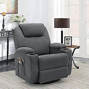 Flamaker Rocking Chair Recliner Chair with Massage and Heating 360 Degree Swivel Ergonomic Lounge Chair Classic Single Sofa with 2 Cup Holders Side Pockets Living Room Chair Home Theater Seat (Gray)
