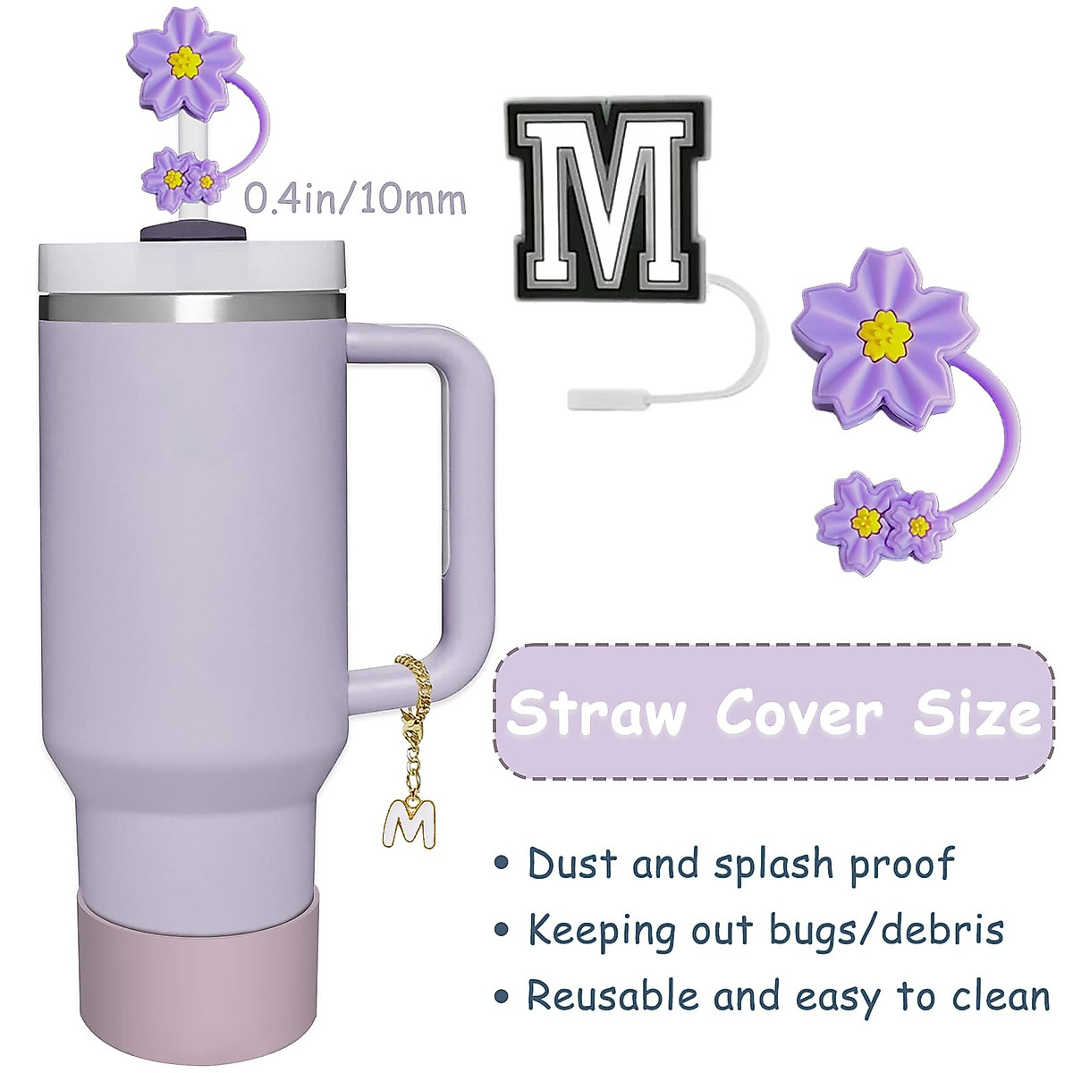 Stanley Cup Accessories Set,Including 2 Pcs 0.4in Straw Cover, 1 Silicone Spill-Proof Stopper Set of 3, 1 Name ID Letter Handle Charm, 1 Silicone Stanley Cup Boot Fits Stanley 40&30 Oz Tumbler (M)