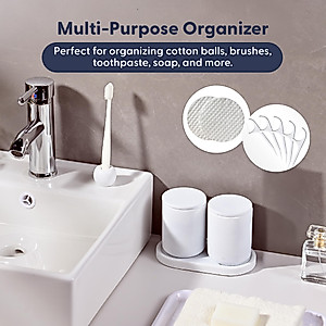 Maisonovo Stone Bathroom Toothbrush Holder Set – Qtip Holder, Cotton Ball & Cotton Rounds Holder, Countertop Toothbrush & Toothpaste Cup W/Stand & Tray, Qtip Container, Cotton Swab Organizer - White