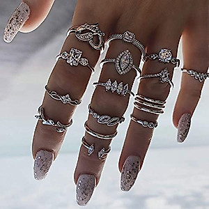 wpOP59NE Ring Set, 15Pcs/Set Bohemian Women Heart Rhinestone Stackable Finger Ring Jewelry Gift Silver