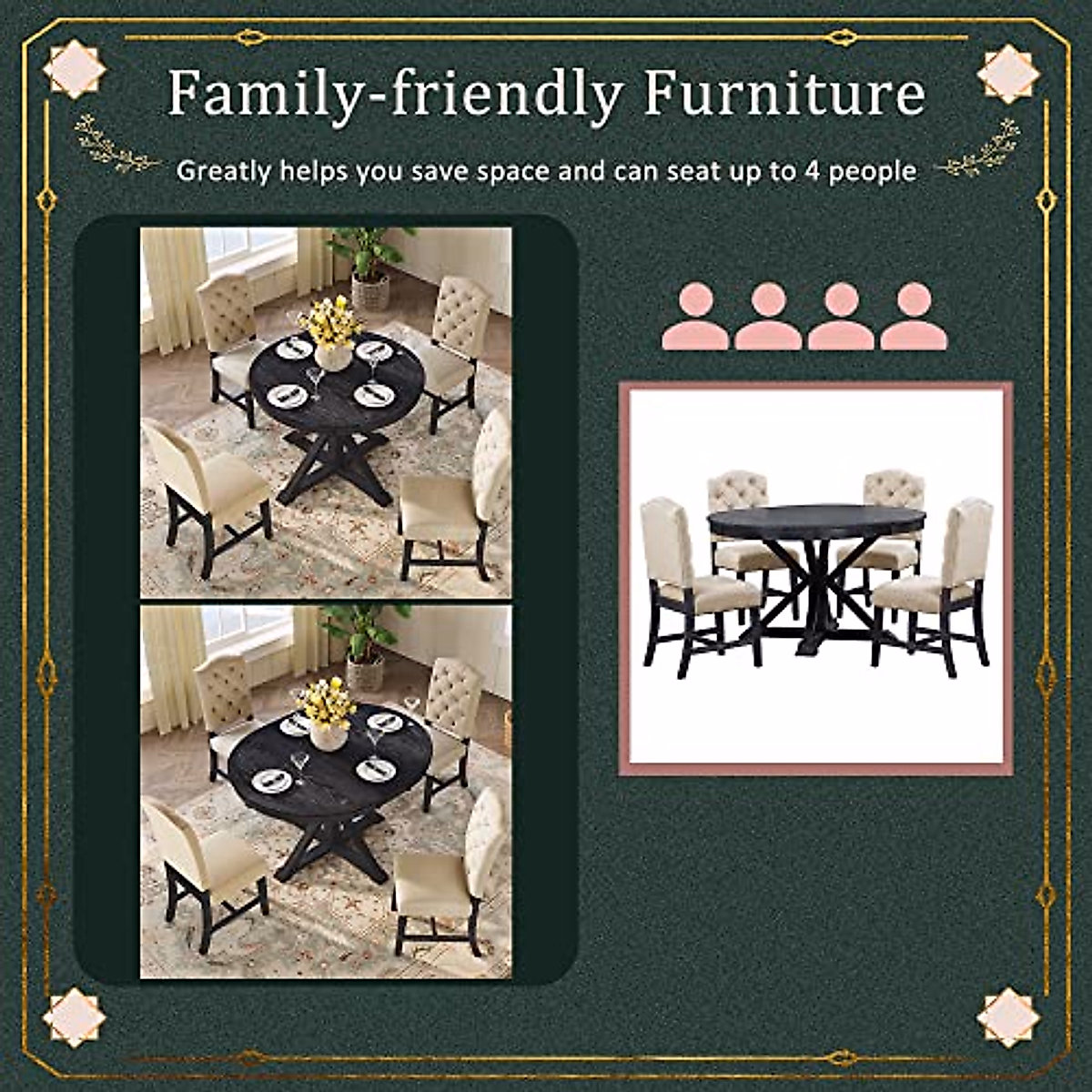 WOZNLA 5-Piece Retro Style Extendable Round Dining Table Set with 4 Upholstered Chairs - Perfect for Kitchen and Living Room - Vintage Elegance for Your Home