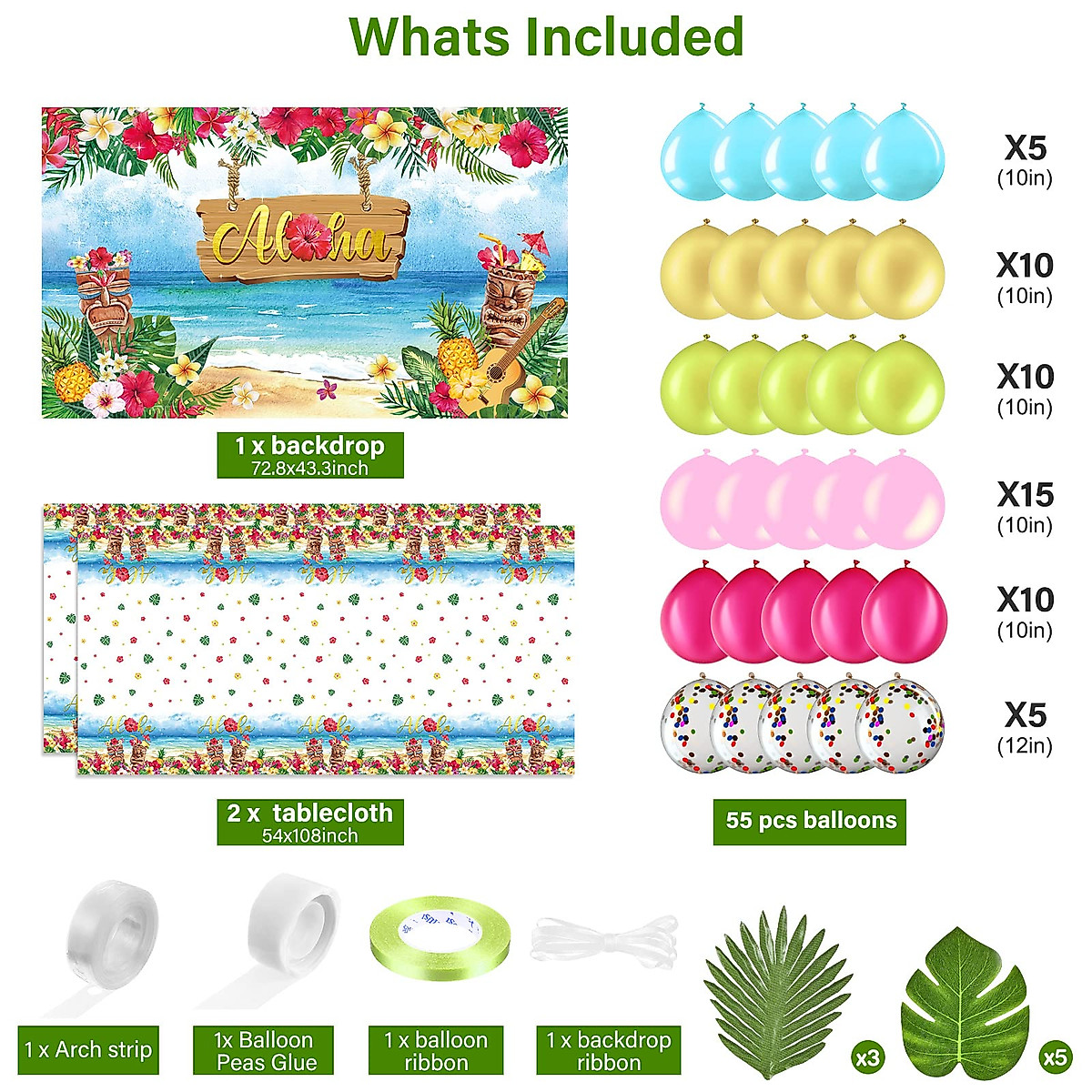 66 Pcs Hawaiian Aloha Party Decorations Luau Backdrop Tiki Banner Summer Tropical Balloon Garland Arch Kit Palm Leaves Hawaiian Theme Tablecloth for Birthday Baby Shower Tropical Beach Party Supplies