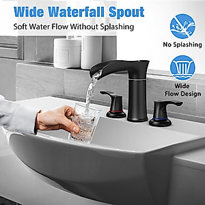 Waterfall Bathroom Faucet, WaterSong 3-Hole 8 Inch Bathroom Sink Faucet for 360-Degree rRotation, 2-Handle Vanity Faucets with Supply Lines, Widespread Spout Faucet for RV Bathroom Sink, Matte Black