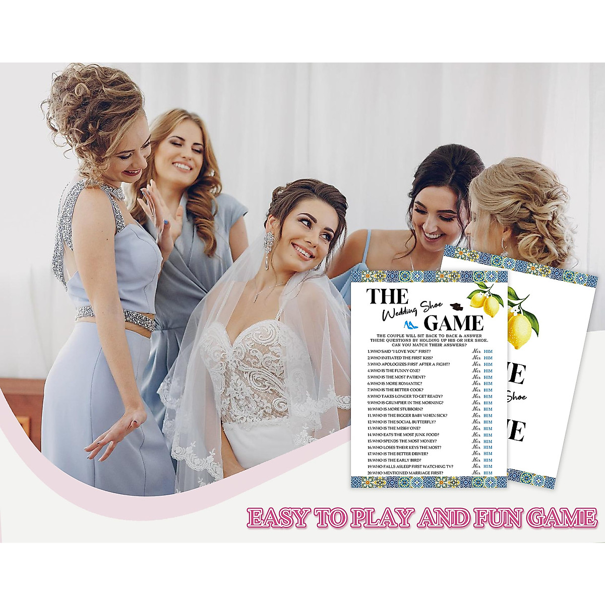 Blue Tiles and Lemons The Wedding Shoe Game for 30 Guests with Game Cards, Lemons Bridal Shower Game, Modern Bridal Shower Decorations, Wedding Shower or Bachelorette Party Supplies - 02