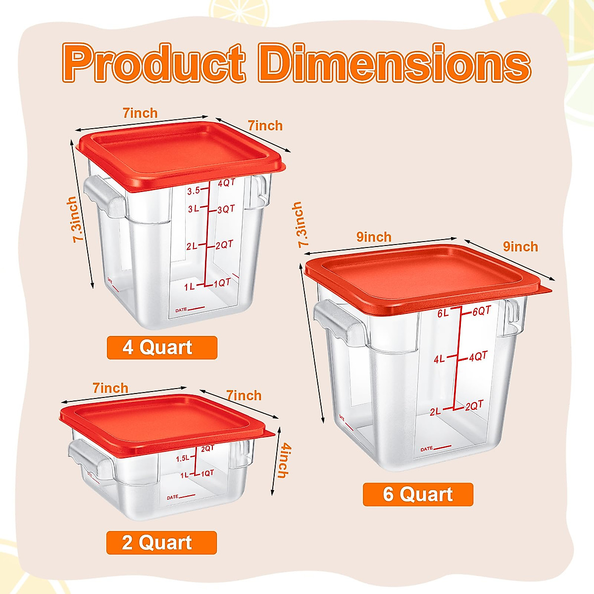 Suclain 6 Pcs Square Food Storage Container with Lid 2Qt 4Qt 6Qt Clear Commercial Food Storage Container with Scales Handles for Home Restaurant Kitchen Organizer, Polycarbonate(Red, Green)