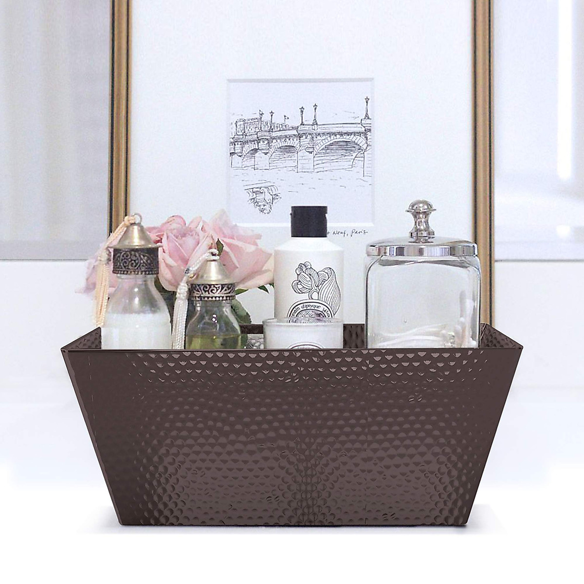 nu steel Oil Rubbed Bronze nusteel Hammered Metal Toilet Tank Tray, Bathroom Countertop Bin, Multipurpose Vanity, Cosmetics Organizer, Perfume Jewelry Makeup