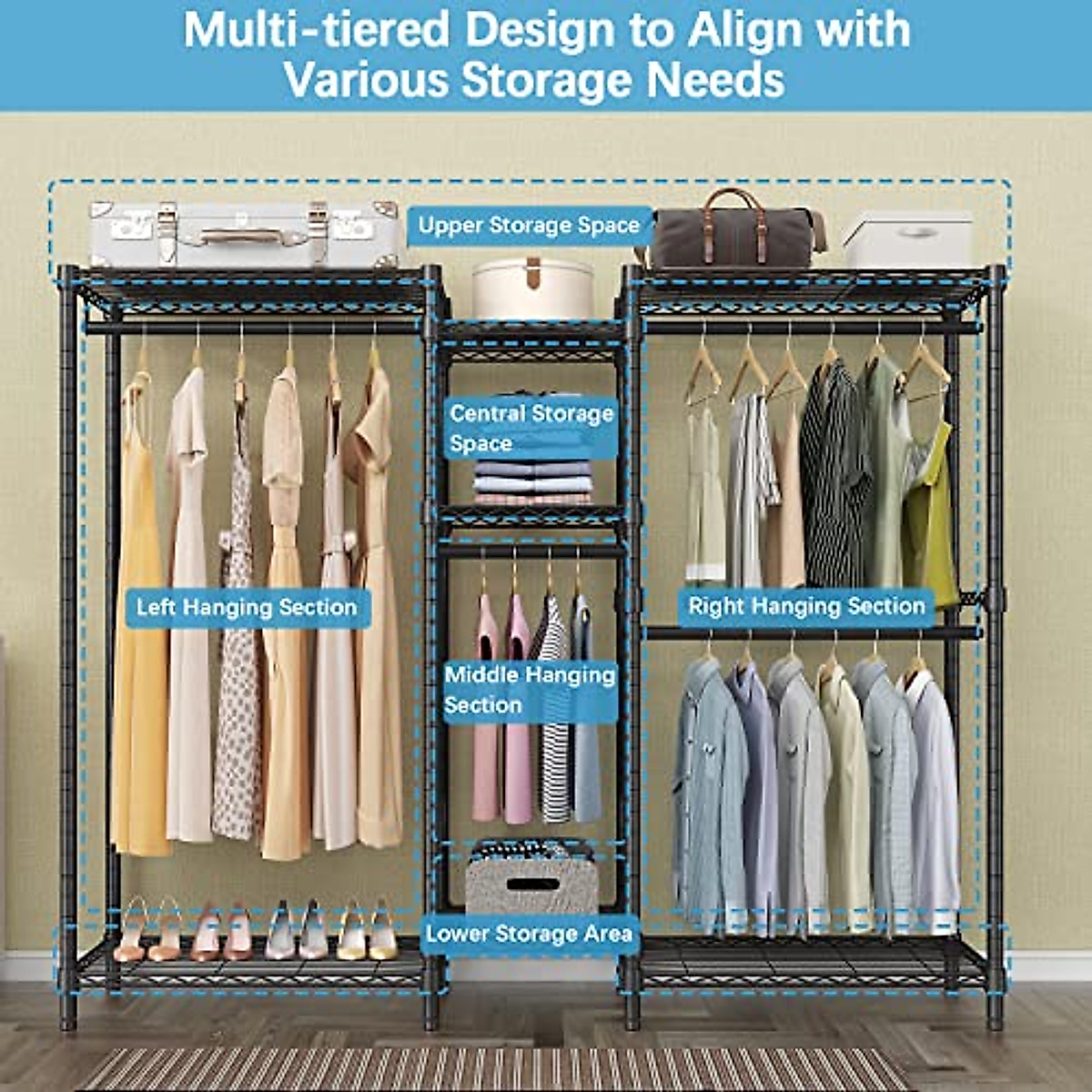 VIPEK V6C Heavy Duty Covered Clothes Rack Portable Wardrobe Closet, 5 Tiers Wire Garment Rack Black Metal Clothing Rack with Grey Oxford Fabric Cover, 75.6" L x 18.5" W x 76.8" H, Max Load 780 LBS