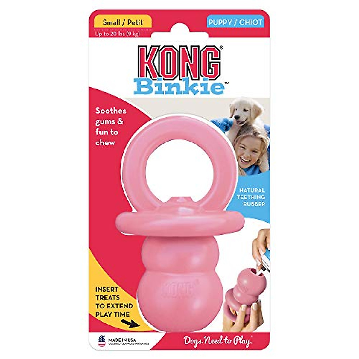 KONG Puppy Binkie - Small Dog Toy - Soft Teething Rubber - Treat Dispensing Dog Toy - Stuffable Dog Toy for Chewing & Playing - Dog Toy to Support Sore Gums & Teeth - Pink - Small Puppies