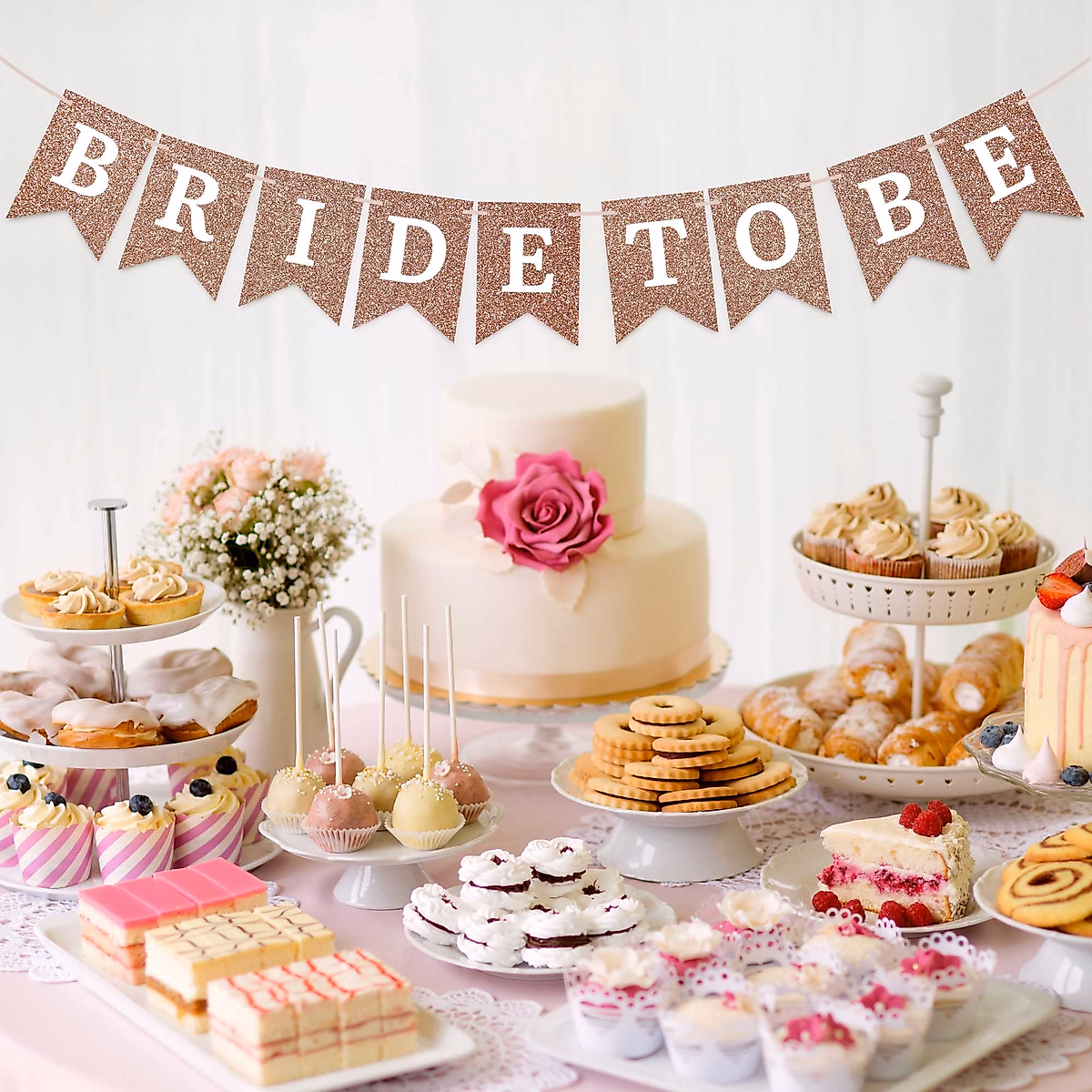 Pre-Strung Bride to Be Banner - NO DIY - Rose Gold Glitter Bachelorette Bridal Party Banner - Pre-Strung Garland on 8 ft Strand - Rose Gold Bridal Party Decorations & Decor. Did we Mention no DIY?