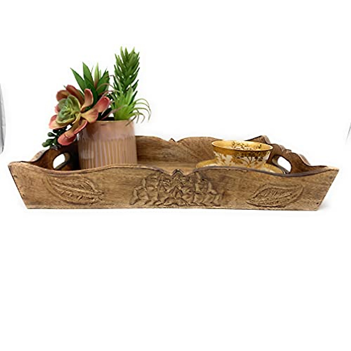 Snuglily Rustic Rectangle Farmhouse Tray Decorative Tray Hand Carved Soild Wood Antique Handcrafted Tray Ottoman Rectangle Tray 15 inch x 11 inch