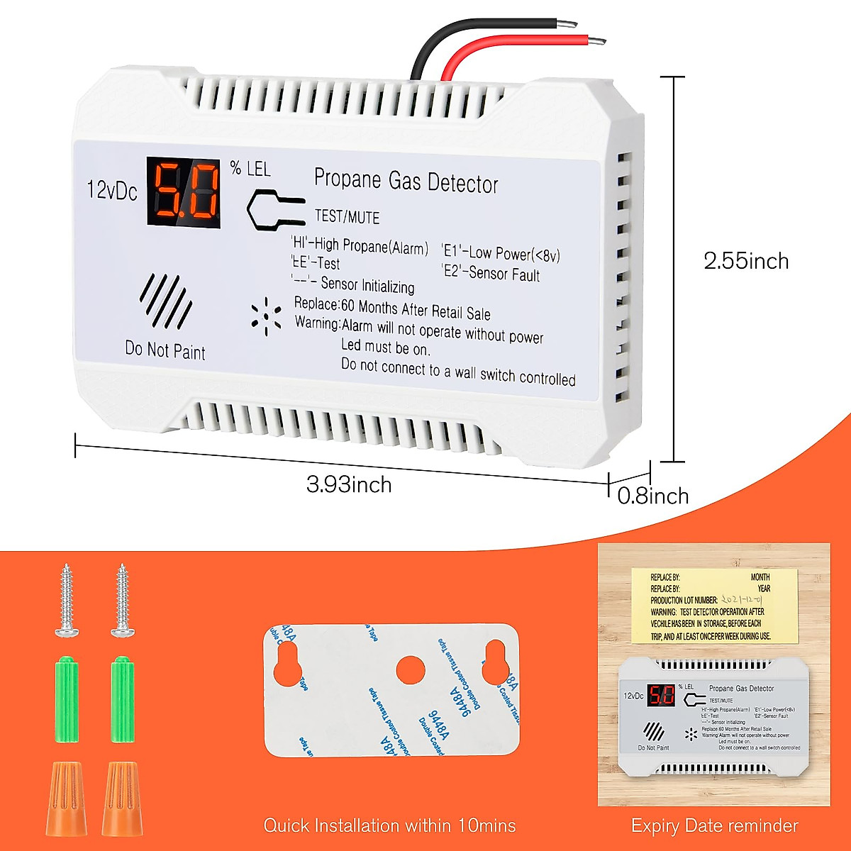 WELLUCK RV Propane Gas Detector with Loud Alarm, LP Propane Alarm Safe Replacement for Camper Trailer Motorhome Motorcoach, 12V, 85dB, Digital, White