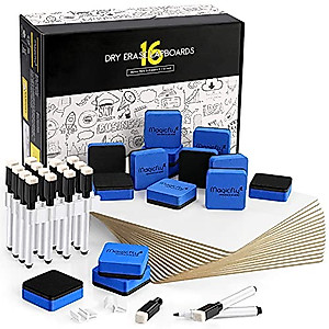 Magicfly Double-Sided Small White Board for Classroom, 9 x 12 Inches Dry Erase Lap Boards, Bulk Pack of 16 Mini White Board for Student, Teachers, Office, with 16 Pens, 16 Erasers & 16 Pen Clips