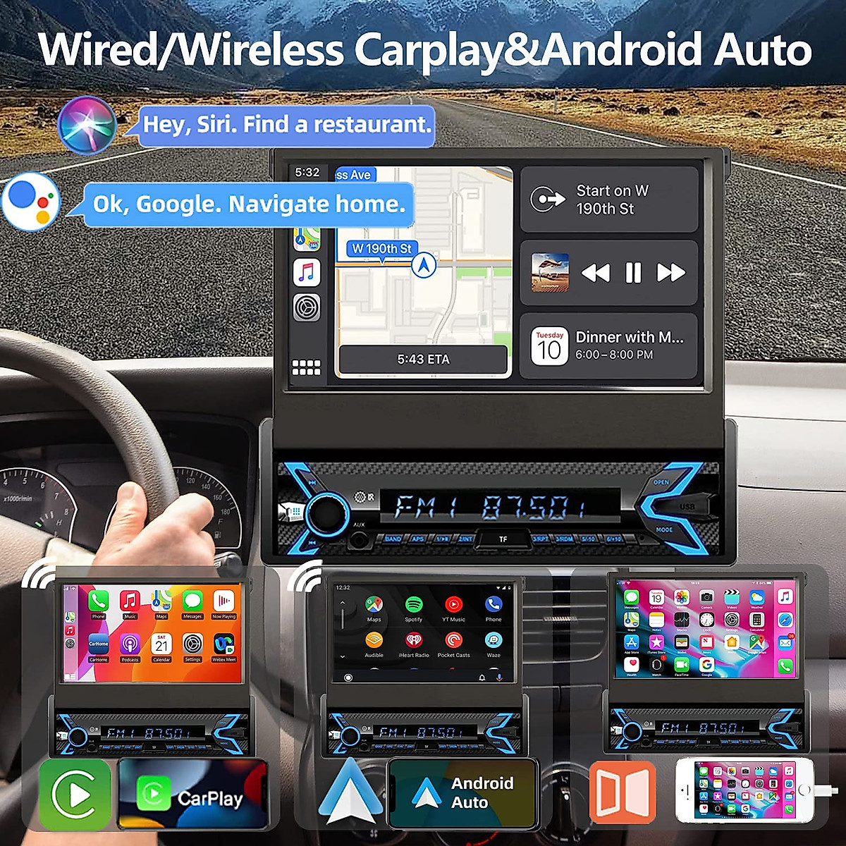 Wireless Carplay Single Din Touchscreen Car Stereo with Wireless Android Auto, 7 Inch Flip Out Screen Car Radio with Bluetooth, Flip Up Car Audio Receivers with Camera, SWC, FM/USB/AUX/TF/Subwoofer