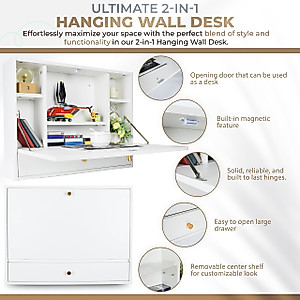 Casa Bonvie Wall Desk - Preassembled - Floating Desk - Wall Mount Stand with Foldable Magnetic Tabletop for Laptop Six Shelves & Drawer, Hanging Space Saver Mounted Table for Home Office & Bedroom