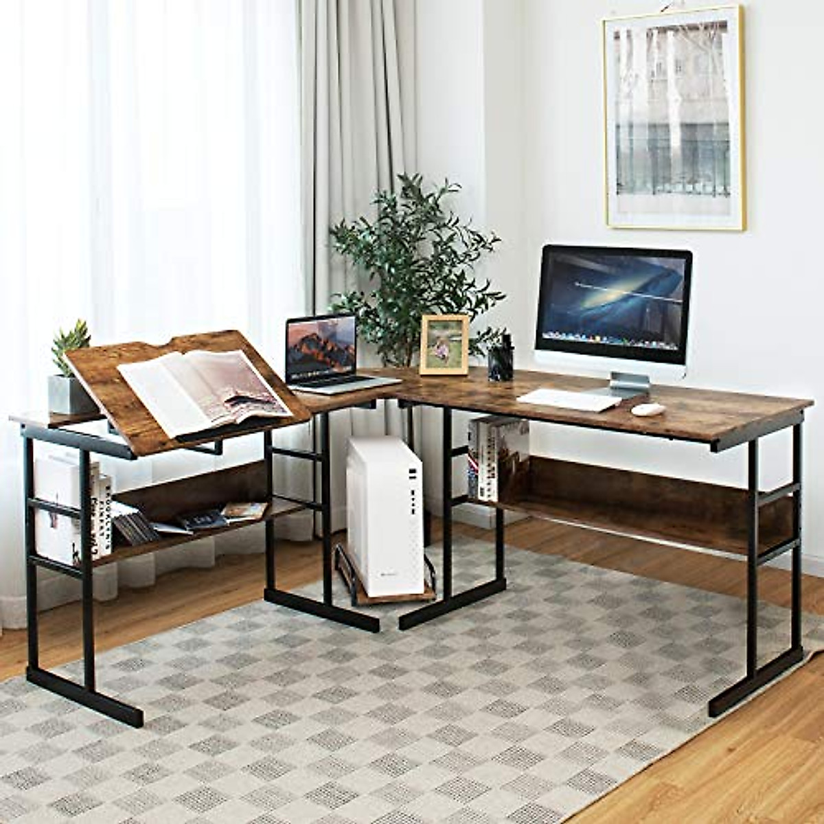 Tangkula 67 inches L-Shaped Desk, Corner Computer Desk with Bottom Bookshelves & CPU Stand, Drafting Drawing Table with Tiltable Desktop, Corner Computer Workstation Home Office Desk (Rustic Brown)