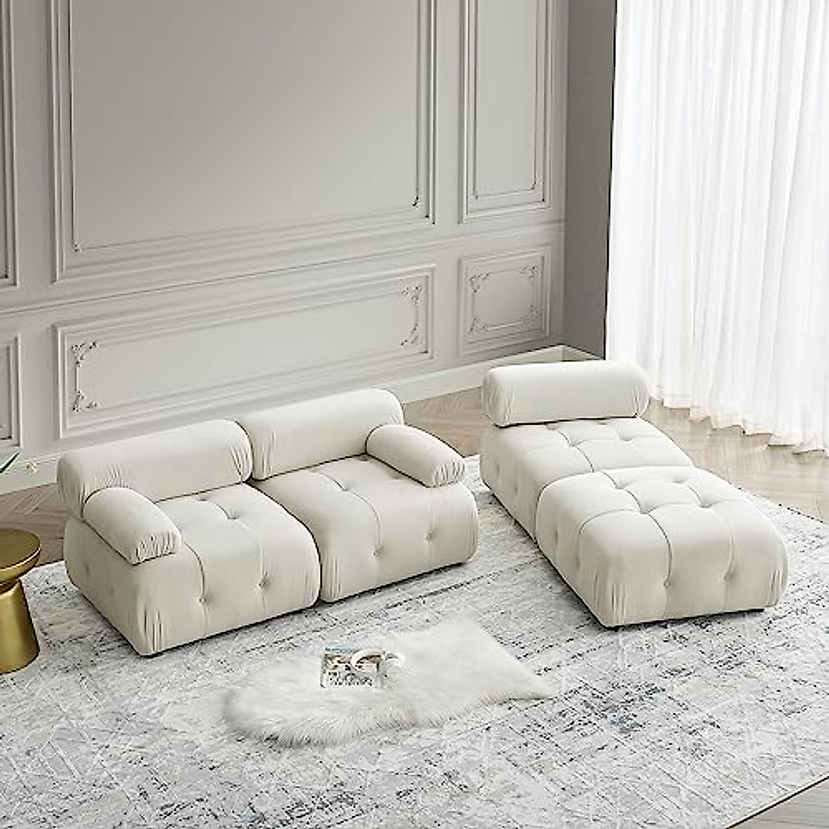 Tmsan Modular Sectional Sofa, 93" Velvet Sectional Couches for Living Room, Modern L-Shaped Sofa Deep Seat Cloud Couch DIY Combination Reversible Chaise for Bedroom Apartment Office (Beige Velvet)