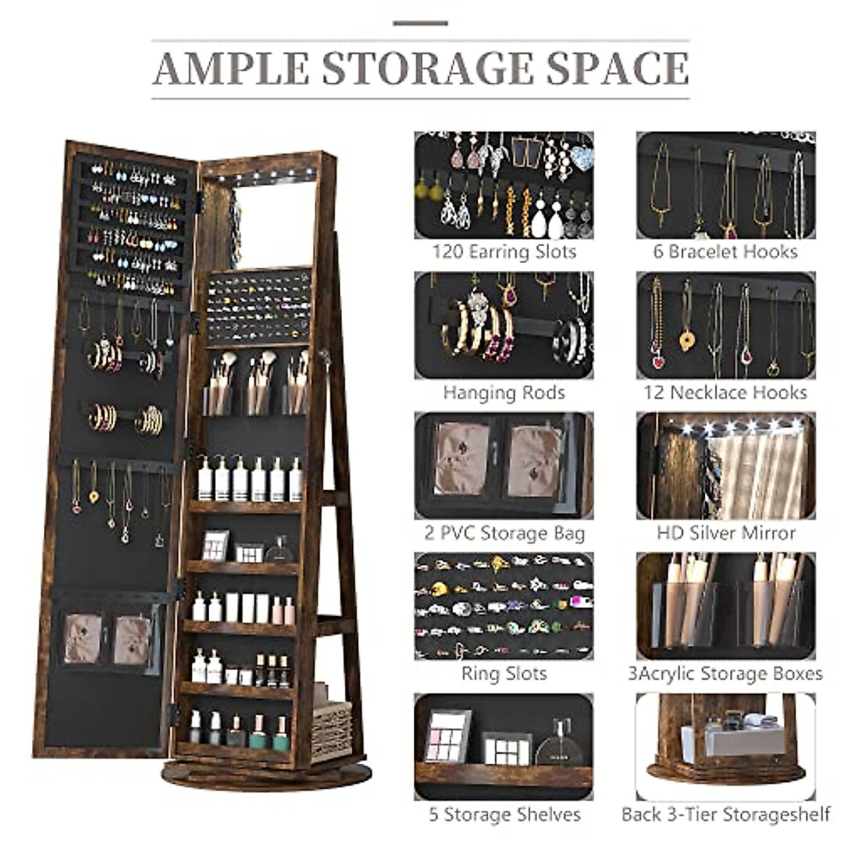 LVSOMT LED Full-Length Mirror Jewelry Armoire for Women, Free Standing Mirror with Jewelry Storage, 360° Swivel Jewelry Cabinet for Bedroom, Dressing room (Retro Brown)