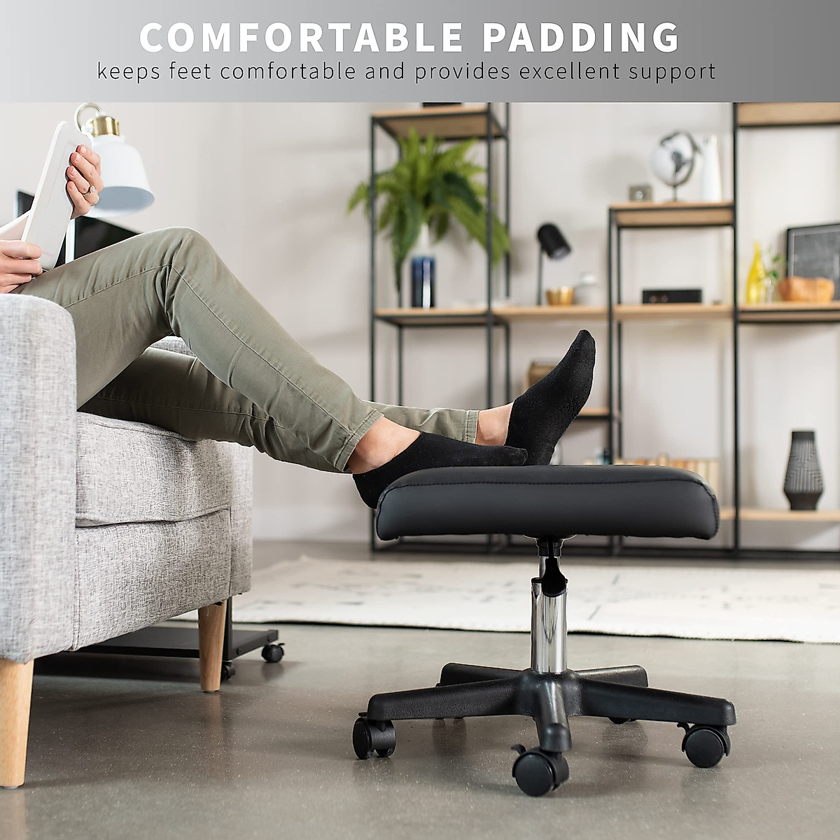VIVO Mobile Footrest with Wheels, Ergonomic Rolling Ottoman Leg Rest for Work Comfort, Height Adjustable Computer Desk Stool with Thick Padding, Office Seat, Black, CHAIR-S04F