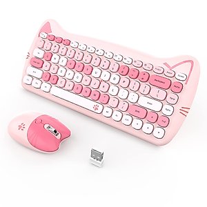 Cute Wireless Keyboard Mouse,GEEZER 2.4GHz Retro Quite Colorful Wireless Keypad Mouse, Compatible with Windows, Computer, PC, Desktop, Laptop (Pink)