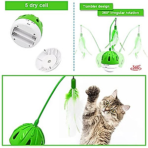 WINGPET Automatic Cat Toy Interactive Toys, Cat Feather Toys, Funny Swing Ball with Feather, Cat Exercise Toy with Sound, Pet Toys Ball with Detachable Rocker and 1 Light Ball (Green)