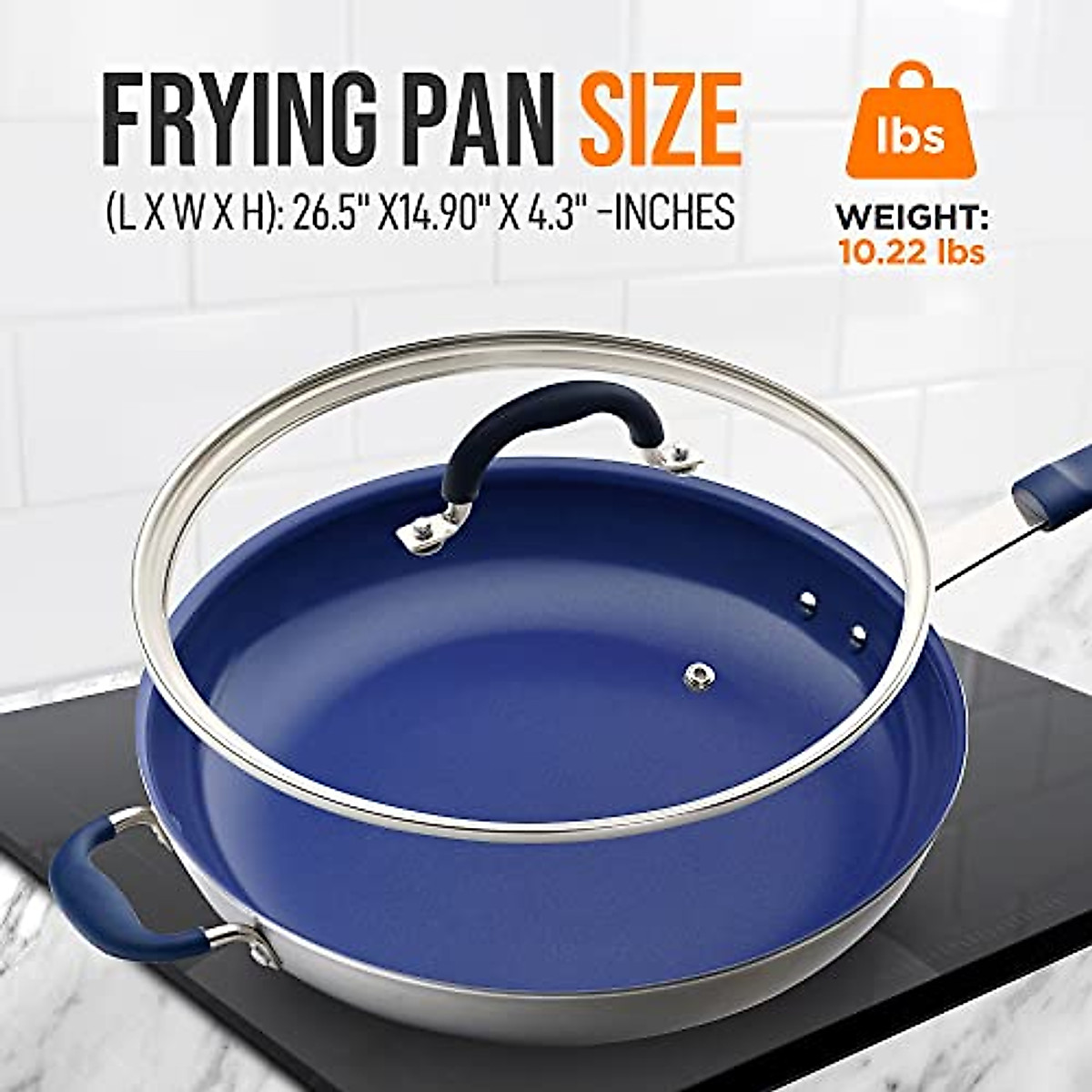 NutriChef 14" Fry Pan With Lid - Extra Large Skillet Nonstick Frying Pan with Silicone Handle, Ceramic Coating, Blue Silicone Handle, Stain-Resistant And Easy To Clean, Professional Home Cookware