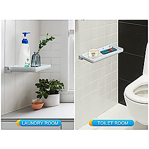 SKIKEN Wall Mounted Bathroom Folding Shelf, Small Shelves Rack for Laundry Room, 90° Fold Up, Metal Folding Panels for Bedside, Toilet Room, Extra Storage Shelf (2-Pack, White)