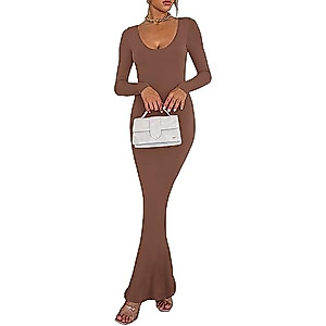 REORIA Women's Sexy Casual Scoop Neck Long Sleeve Lounge Long Dress Elegant Fall Wedding Guest Tight Ribbed Bodycon Maxi Dresses Coffee Medium