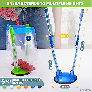 Baggy Rack Stands, 6 Pack, Adjustable Hands Free Clips for Food Storage Bags Plastic Freezer Bags, Bag Holders