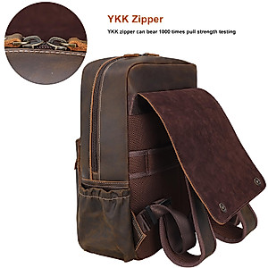 Vintage Full Grain Leather 15.6 Inch Laptop Backpack for Men Casual Travel Work Bag Bookbag Daypack with YKK Zipper Brown, Large