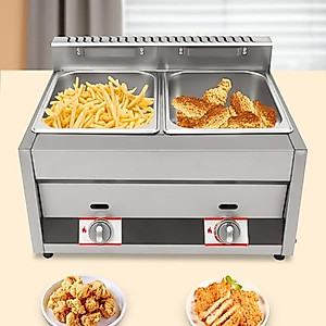 Gas Deep Fryer,12L Commercial Stainless Steel Gas Deep Fryer Food Warmer with 2 Tanks And Lids,Energy-Saving Deep Countertop Gas Fryer for Supermarkets,Hotels,Canteens,Temperature Control: 50~380 ℃