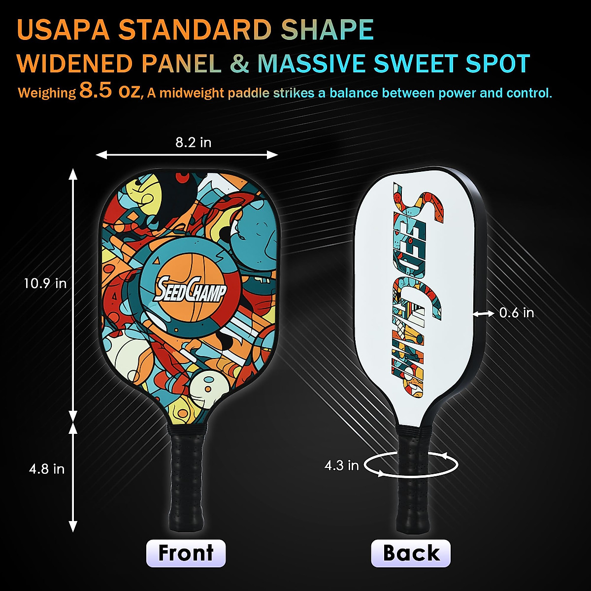 Pickleball Paddle Set Fiberglass Surface Pickleball Rackets Kit of 2 Paddles with 16MM Thick Honeycomb Core for Beginners & Pros