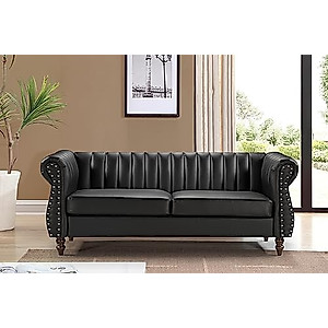 Container Furniture Direct Chesterfield-Inspired 77" Faux Leather Sofa with Elegant Design, Gourd Legs, and Sustainable Pleather Upholstery, 3 Seater Couch for Living Rooms and Offices, Black