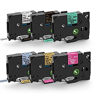 12mm 0.47Inch TZ Ptouch Label Maker Tape Compatible for Brother P Touch PTD210 PTD200 PTH110 PTD400 PTD600 Label Maker, (White/Gold/Pastel Blue/Turquoise Blue/Black/Berry Pink), 6 Pack