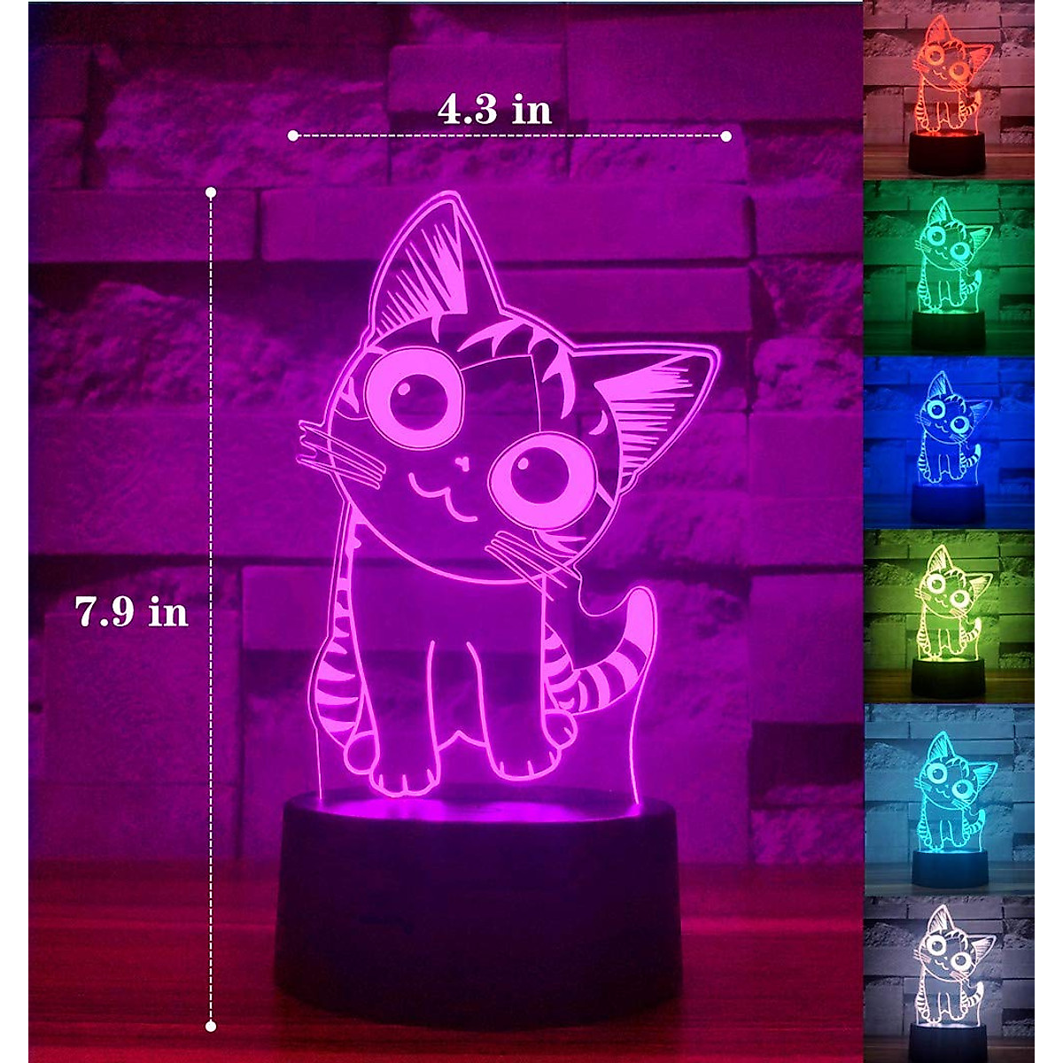 i-CHONY Cat Gift Night Light for Kids,Auto 7 Colors Changing Cat Table Lamp,3D Illusion Bedside Lamp,Cute Cat Gifts for Women Teens Boys Girls Birthday Christmas Gifts