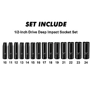 CASOMAN 1/2-Inch Drive Deep Impact Socket Set, Metric, Cr-V, 6-Point, 10 mm - 24 mm, 14-Sockets Set