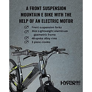Hyper E-Ride Electric Mountain Bike for Adults 26 Inch. 250w, 36v Battery, Mountain Ebike with Shimano 6-Speed with Front Dual Shock Absorber. Electric Bicycle for Adults.