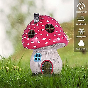 TERESA'S COLLECTIONS Mushroom Garden Statues Pink Fairy House Solar Light for Home and Outdoor Decor,Resin Garden Miniature Yard Art for Patio Deck Porch Decorations, 7.5 inch