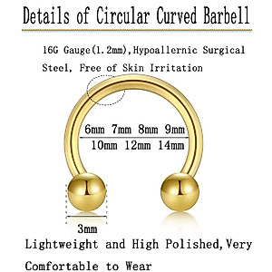 16G Horseshoe Septum Nose Nostril Ring Hoop, 7 Pairs Circular Curved Barbell Externally Threaded, 14K Gold Plated Surgical Steel Small Body Piercing Jewelry Set for Lip Daith Tragus Helix Cartilage Rook Multiple Piercing Smiley ( Ball, 6MM - 14MM)