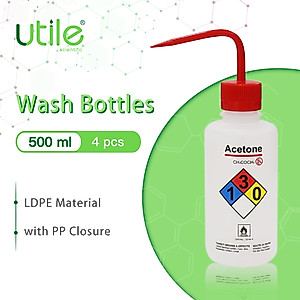 Utile 4pcs of Vol. 17oz (500ml) Acetone Wash Bottles, Narrow Mouth, Self-Venting Safety Squeeze Bottle, LDPE Material with PP Material Closure, 5511.0171.4